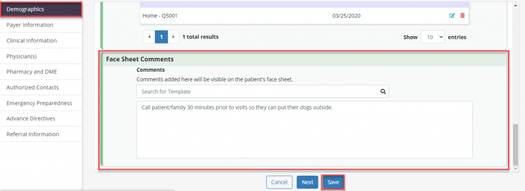 Create Face Sheet Comments in the Patient Charts with Axxess Hospice