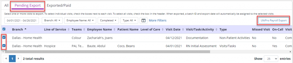UltiPro Payroll Earning Codes in Axxess Hospice