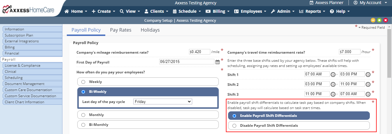 Payroll Shift Differentials in Axxess Home Care