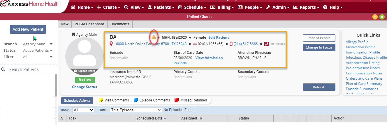 Patient Name Alerts in Axxess Home Health