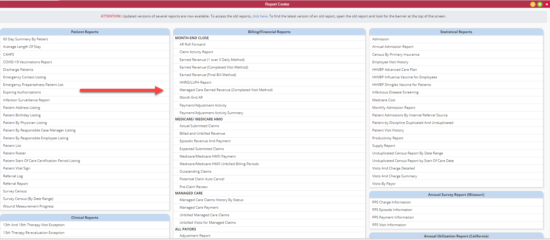 Payer Type in Managed Care Earned Revenue Report on Axxess Home Health
