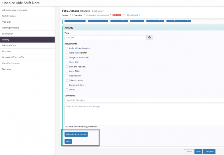 Hospice Aide Shift Note in Axxess Hospice
