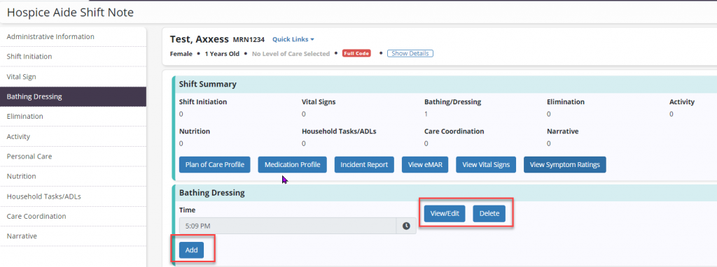 Hospice Aide Shift Note in Axxess Hospice