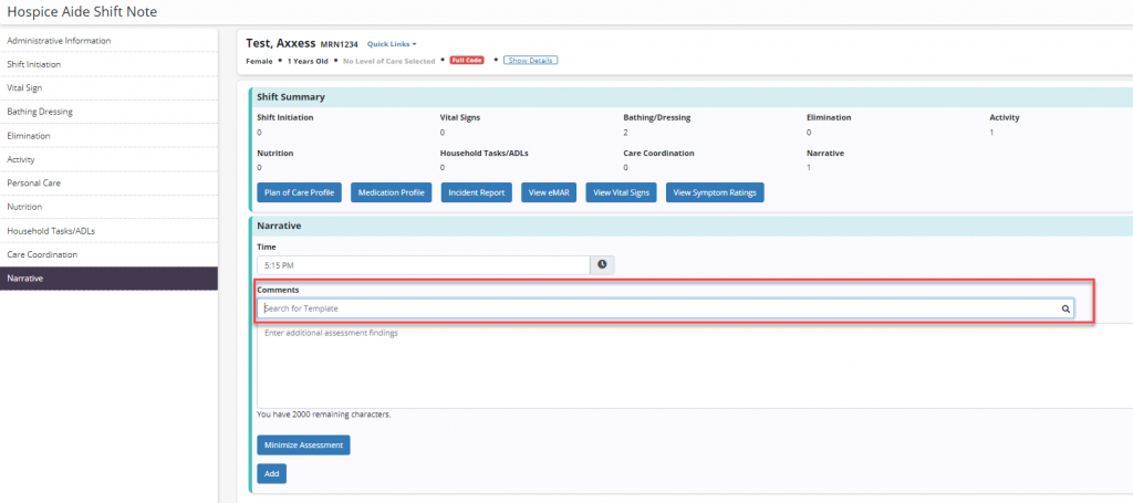 Hospice Aide Shift Note in Axxess Hospice