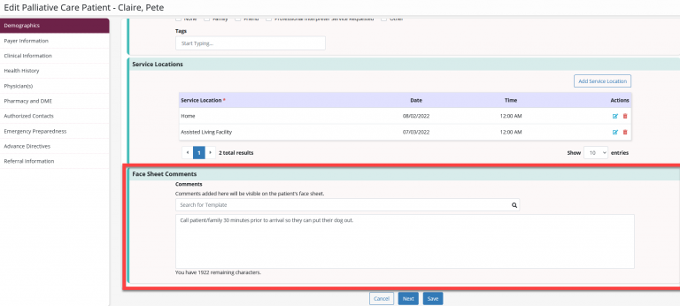 Face Sheet Comments - Help Center