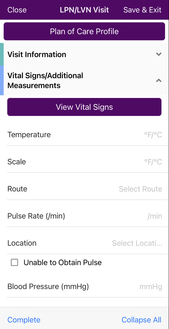 Mobile Vital Signs Log in Axxess Hospice