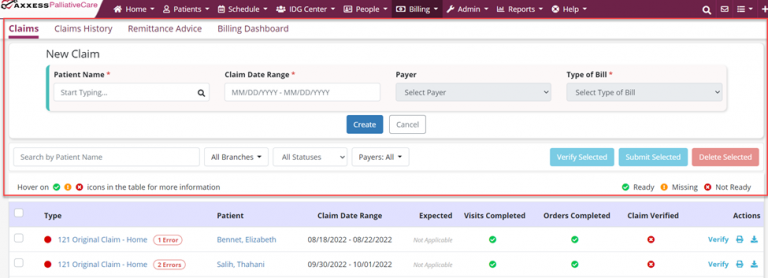 Professional Claims in Axxess Palliative Care