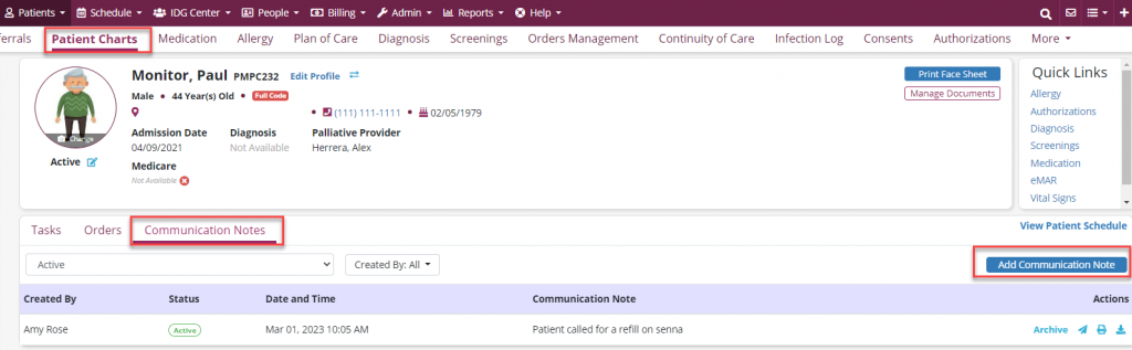 Communication Notes in Axxess Palliative Care