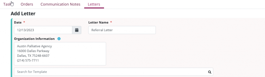 Letters Tab in Patient Charts in Axxess Palliative Care