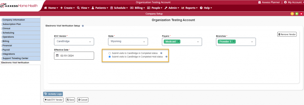 CareBridge EVV Integration Update in Wyoming in Axxess Home Health