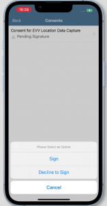 Client Consent for EVV Location Capture (Ohio) on Axxess Home Care Mobile App