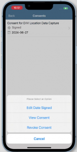 Client Consent for EVV Location Capture (Ohio) on Axxess Home Care Mobile App