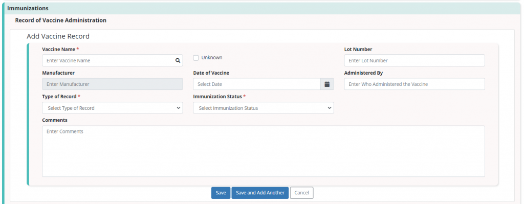 Immunizations Section in Patient Charts in Axxess Palliative Care