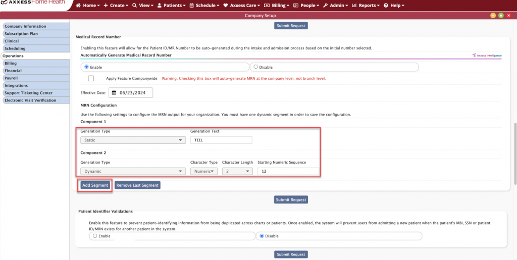 Automatic Medical Record Number (MRN) Generation in Axxess Home Health