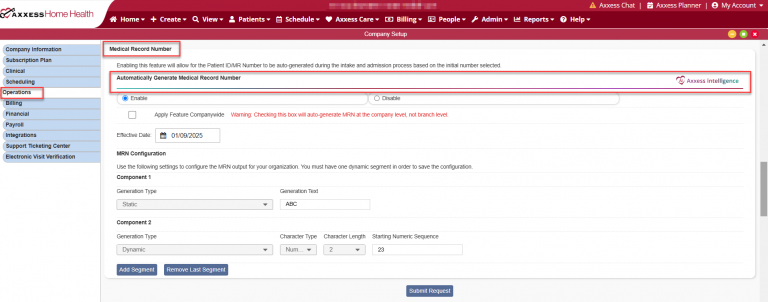 Automatic Medical Record Number (MRN) Generation in Axxess Home Health