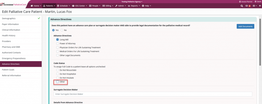New Code Status: Other in Axxess Palliative Care