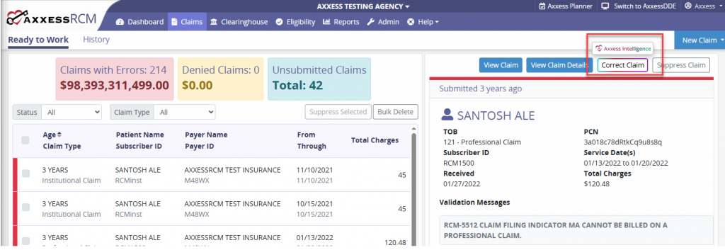 Denied Claim Corrections in Axxess RCM