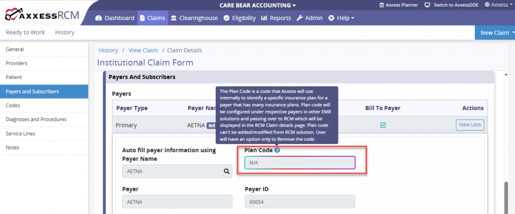 Plan Codes in Axxess RCM