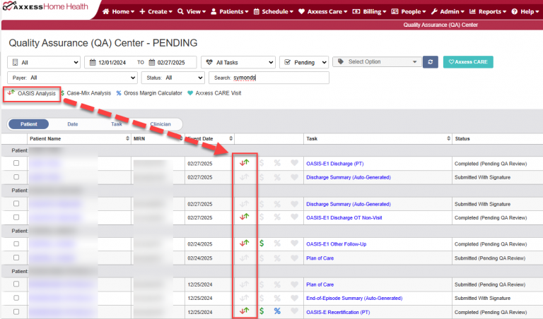 OASIS Analysis in QA Center in Axxess Home Health